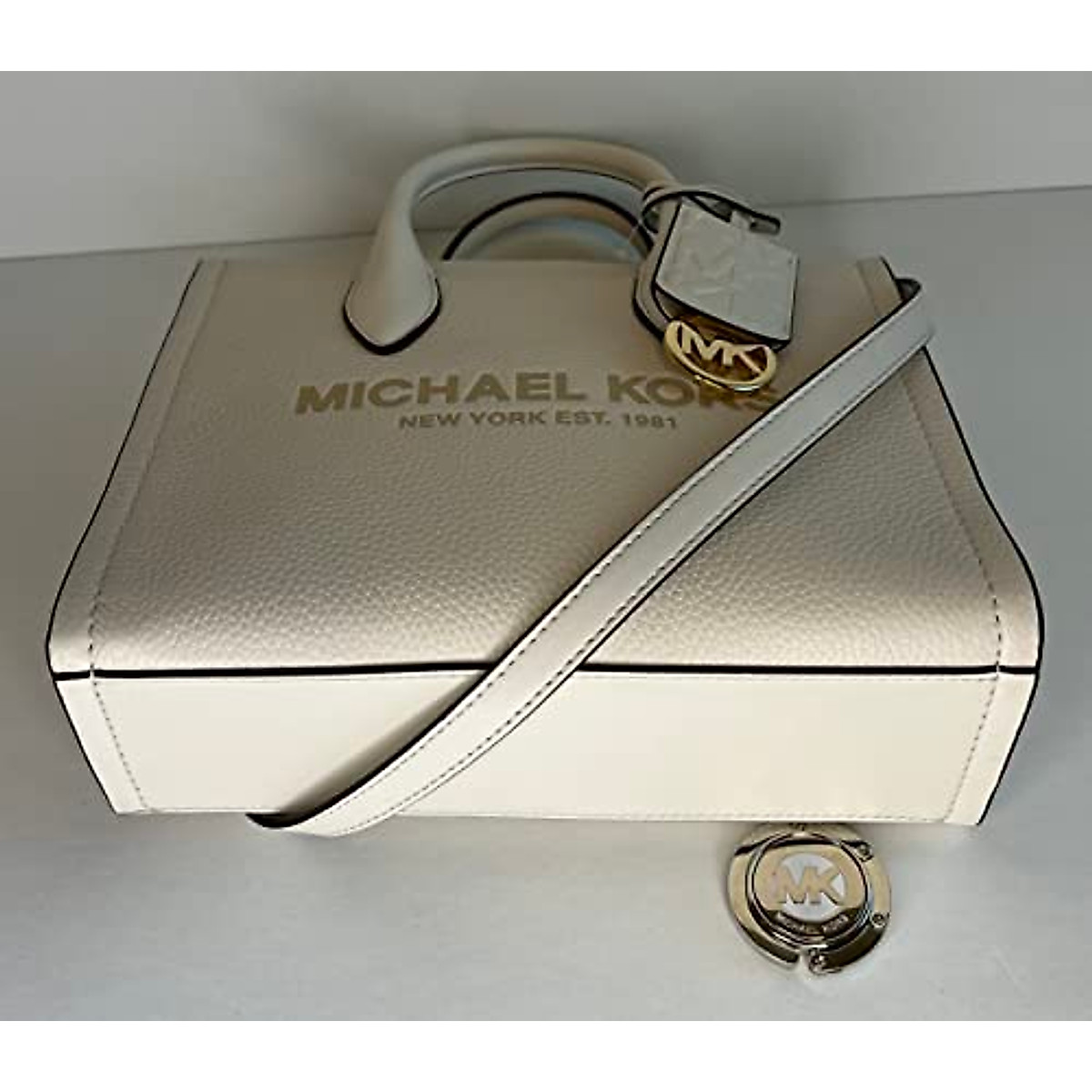 Michael Kors Mirella Small Shopper Top Zip Bag bundled SM TZ Coinpouch Purse Hook (LT Cream Multi/Vanilla PVC)