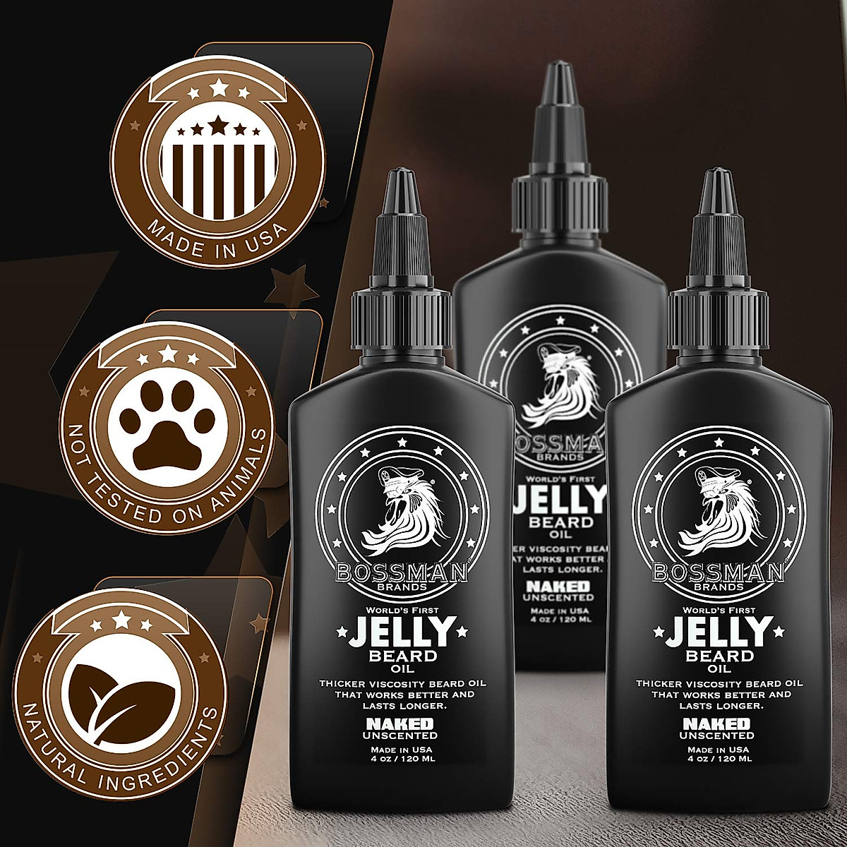 Bossman Jelly Beard Oil - Beard Growth Softener and Moisturizer Care - Larger 4oz, Bottle - 3 Pack Kit - Made in USA (Naked Scent)