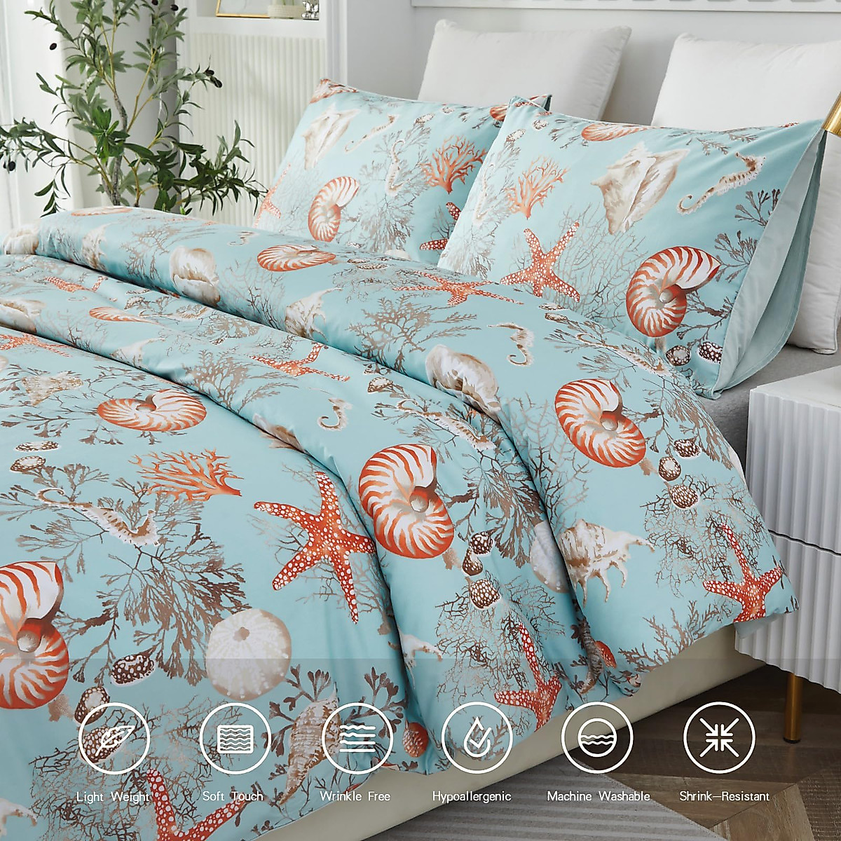 Brandream Luxury Nautical Bedding Set Queen Size Coastal Beach 100% Egyptian Cotton Duvet Cover Set 3-Piece Smooth Crisp Silky (Comforter Not Included)