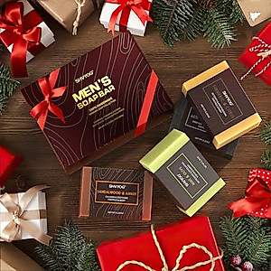 SHVYOG 4 Pcs Mens Soap, Mens Bar Soap, Natural Soap for Men, Cold Pressed Handmade Exfoliating Soap, Deep Cleansing, Moisturizing Bar Soap for Body & Face - Sandalwood Amber, Mint, Charcoal, Turmeric