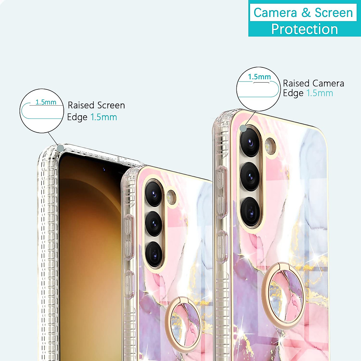 Asuwish Phone Case for Samsung Galaxy S23 5G with Screen Protector and Ring Holder Marble Shockproof Silicone Protective Rugged Slim Cell Cover S 23 23S GS23 G5 SM-S911U 6.1 inch Women Girls Purple