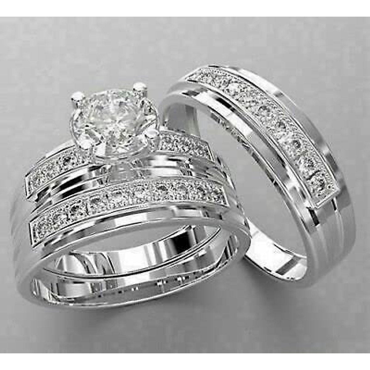 2.25 Ct Round Cut Diamond Wedding Band Trio Engagement Band Ring Set 925 Sterling Silver 14K White Gold Finish Anniversary Stacking Matching Gorgeous Promise Ring Gift For Couple