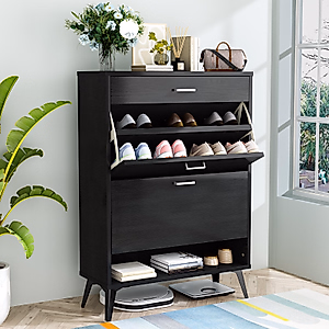 AWQM Shoe Cabinet, Modern Shoe Storage Cabinet with Hidden 2 Flip Drawers and Slide Drawer, Freestanding Slim Shoe Organizer Racks for Entryway, Hallway - Black