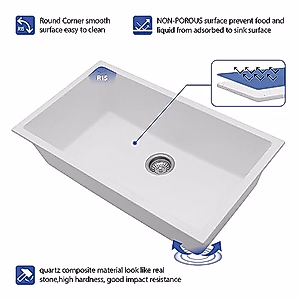 33 White Kitchen Sink Undermount - Sarlai 33 x 19 Kitchen Sink Granite Composite Quartz Under Counter Single Bowl Kitchen Sink Basin, White