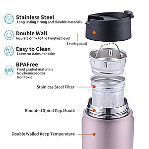 Infuser Travel Mug with Removable loose leaf Tea Strainer Bottle 18/8 Stainless Steel Insulated Tumbler Rosegold