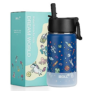 Mollcity 12 oz Stainless Steel Vacuum Insulated Wide Mouth Sports Water Bottle with Straw - Metal Water Flask for Kids for School, BPA-Free-Astronaut