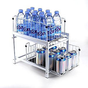 IIF Under Sink Organiser White 2 Tier Sliding Basket Drawers Storage Organisation Pull out Sink Shelf Cabinet Rack for Bathroom Kitchen Pantry