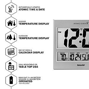 Sharp Atomic Clock - Atomic Accuracy - Never Needs Setting! -Silver Tech Style - Jumbo 3" Easy to Read Numbers - Indoor/Outdoor Temperature Display with Wireless Outdoor Sensor - Easy Set-Up!