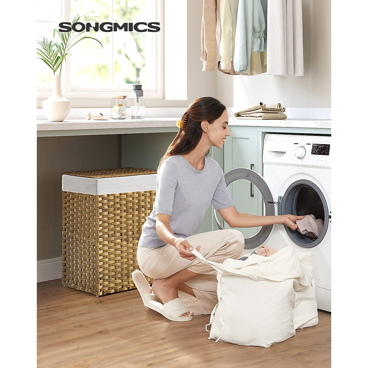 SONGMICS Laundry Hamper with Lid, 90L Clothes Hamper with 2 Removable Liner Bags, 6 Mesh Bags, Wicker Laundry Basket, Double Laundry Hamper for Bathroom, 13 x 18.1 x 23.6 Inches, Natural ULCB251N01V1