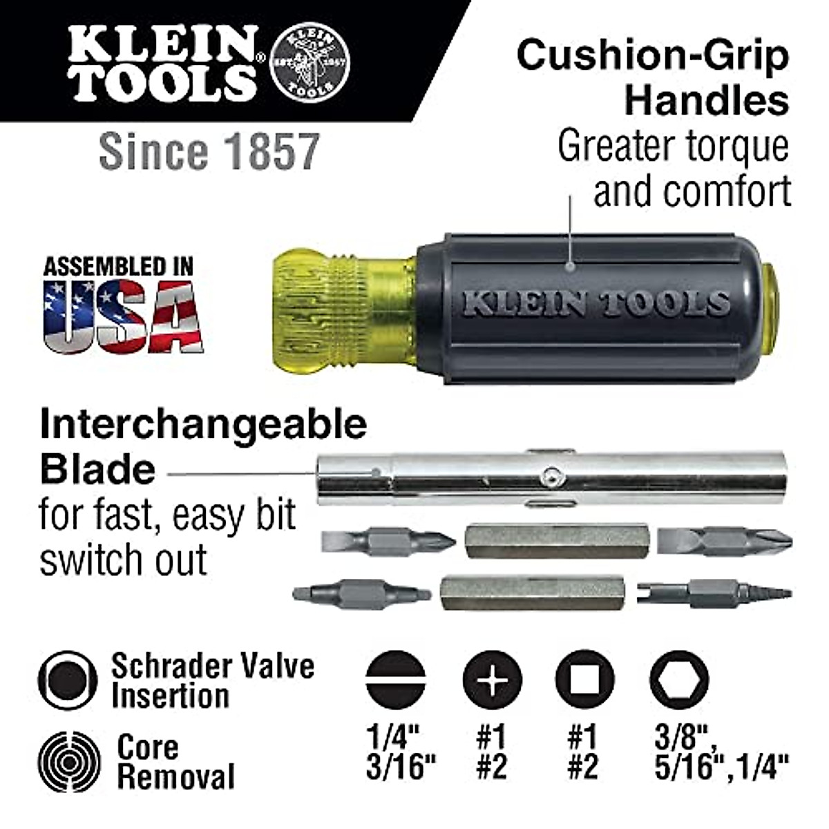 Klein Tools 80065 Schrader Driver Kit with Multi-Bit 11-in-1 Screwdriver / Nut Driver and 2-in-1 Nut Driver, Hex Head Slide Drive, 2-Piece