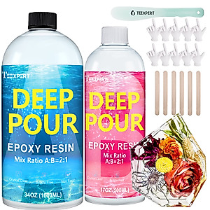Teexpert Deep Pour Epoxy Resin, 51oz Epoxy Resin Kit for 2-4" Pour Depths, Crystal Clear & High Gloss, Bubble-Free Casting Resin for Flower Preservation, River Tables and Mold Crafts - 2:1 Mix Ratio