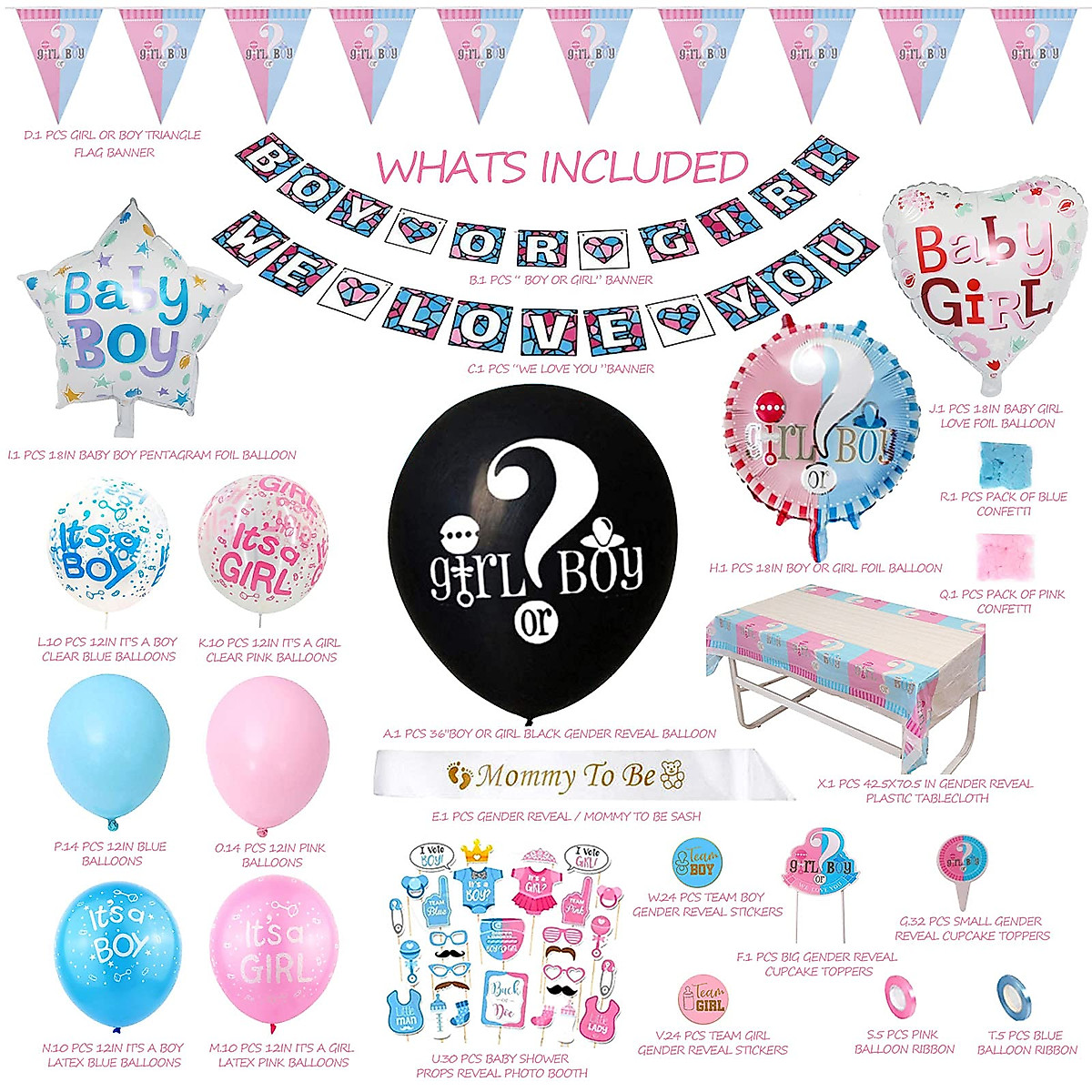 Gender Reveal Party Supplies - (200 Pieces) 36 Inch Reveal Balloon, Boy or Girl Banner, Mommy To Be Sash, Baby Shower Decorations, Foil Balloons and Boy Or Girl Balloons, Team Girl & Boy Stickers