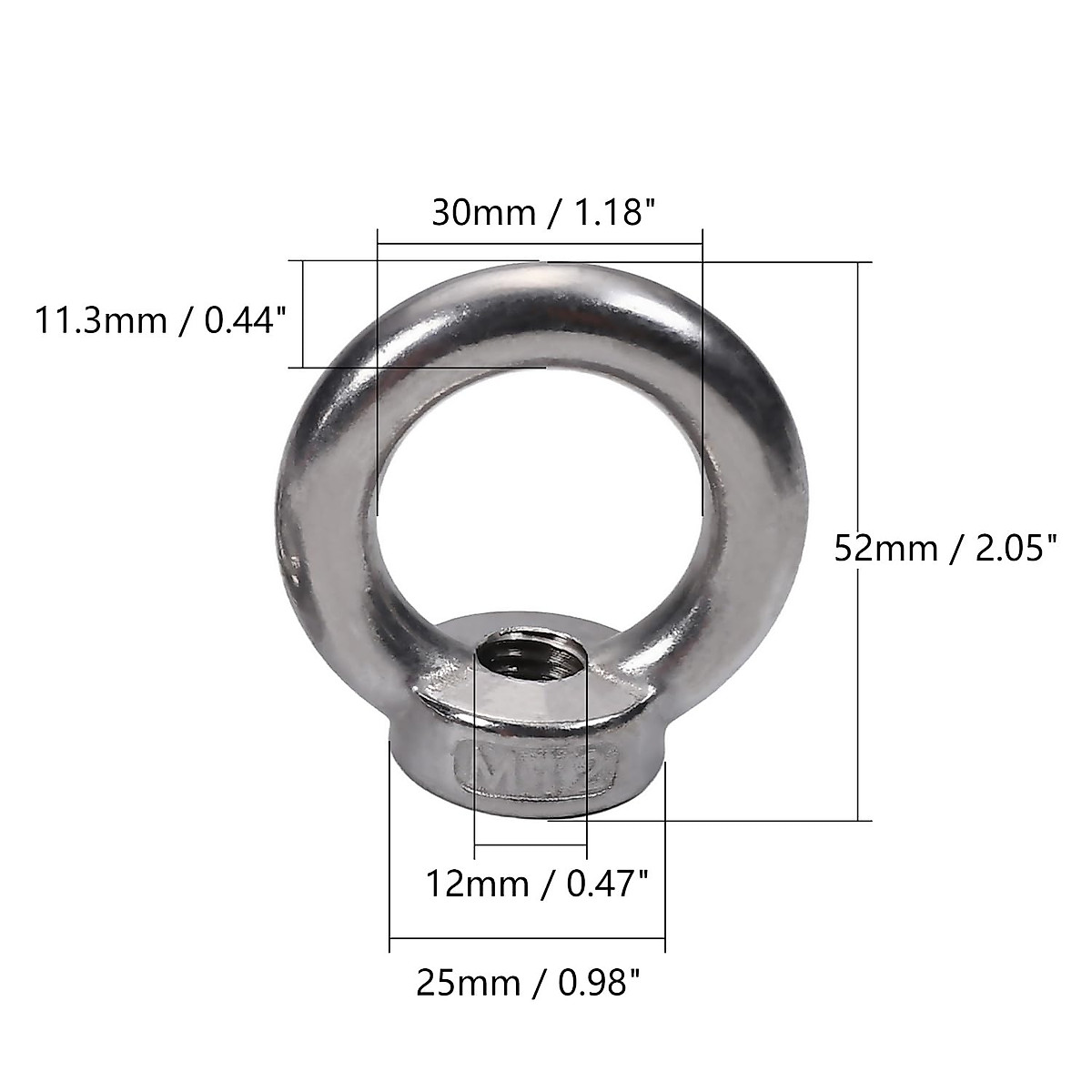 Aicosineg 4Pcs 304 Stainless Steel Eyebolts M12 Female Thread Ring Shoulder Metric EyeNuts Fastener Round Shape Lifting Eye Nut Fastener for Industrial Cables Rope Fitting Marine Silver Tone