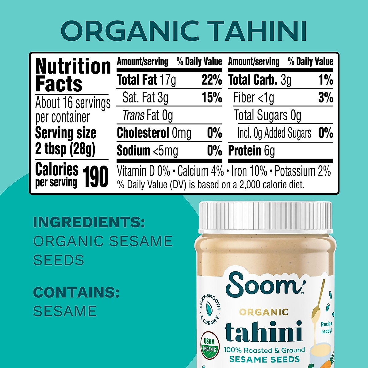 Soom Foods Organic Tahini 16oz (2 Pack) | Roasted & Ground Sesame Seed Paste | Creamy Texture for Hummus, Sauces, Dips, Salad Dressings | Vegan, Peanut-Free, Nut-Free, Gluten-Free, Dairy-Free, Keto, Paleo, Kosher | All-Natural