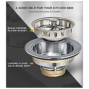 Highcraft 9734 Heavy Duty Kitchen Sink (3-1/2 Inch) Stainless Steel Drain Assembly with Strainer Basket Kohler Style Stopper, Stainless-Steel