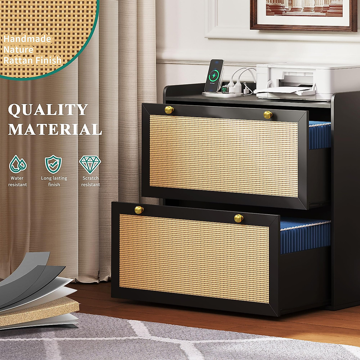 YITAHOME Rattan File Cabinet with Charging Station, Large Lateral Filing Cabinet for Home Office, Black