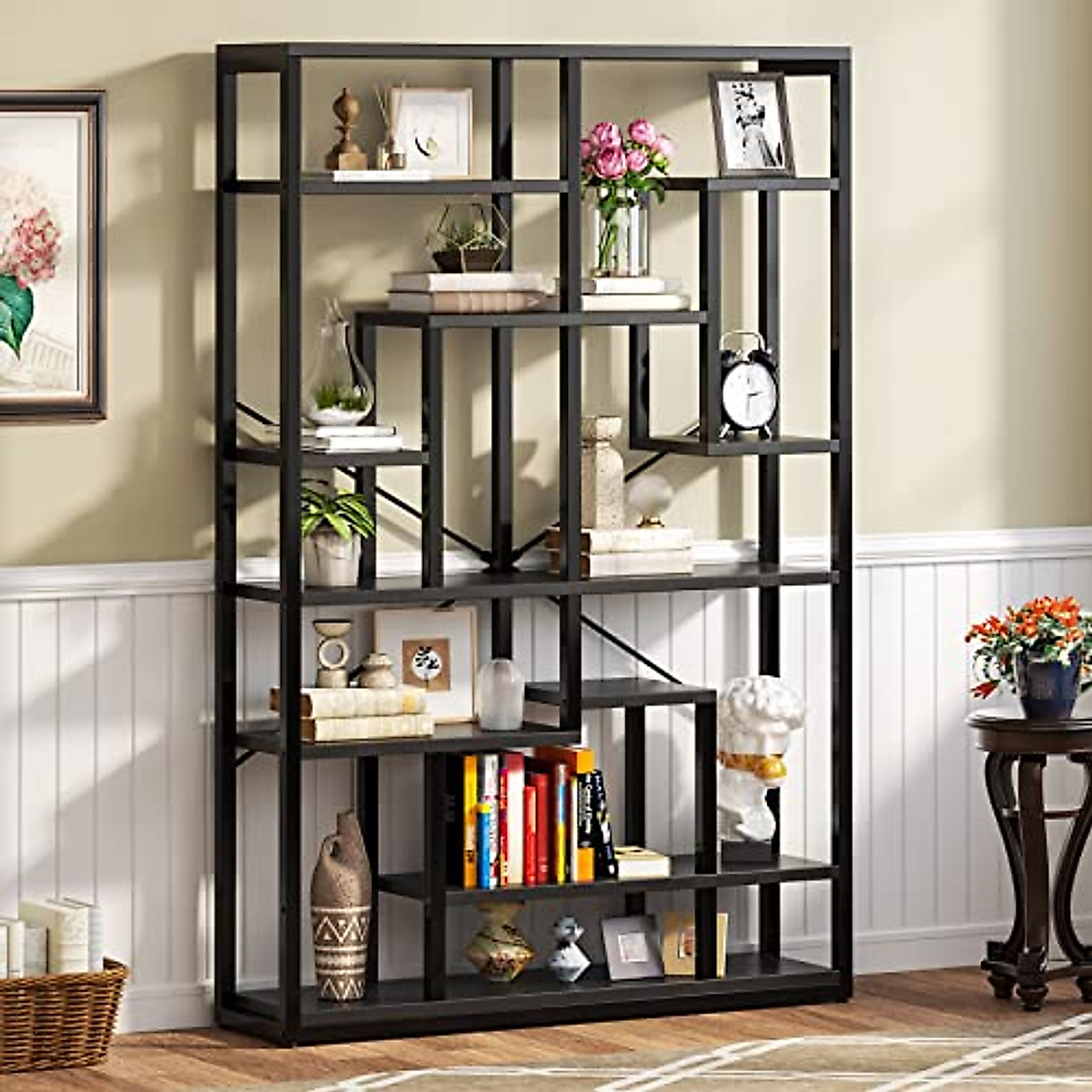 Tribesigns Black Bookshelf 47” Bookcase 9 Tier Tall Book Shelf Rustic Geometric Bookcase Display Shelf Organizer with Open Storage Shelf for Living Room, Industrial Wood Metal Bookshelf for Office
