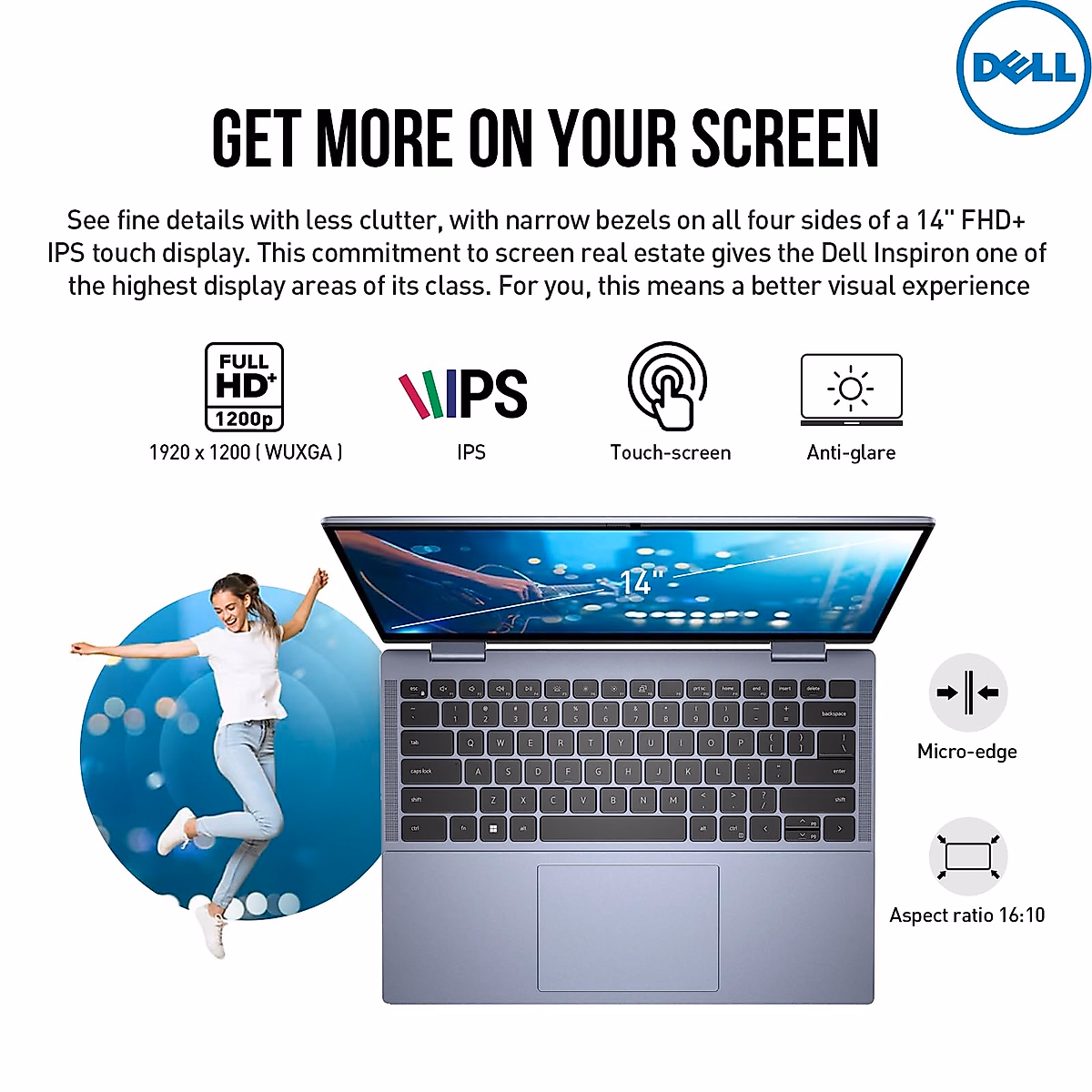 Dell Inspiron 14 2 in 1 Touchscreen Laptop, 14 Inch FHD+ Touch Screen Convertible, AMD Ryzen 5, 8GB RAM 256GB SSD, Windows 11 Pro, Lifetime Microsoft Office, Backlit Keyboard, Fingerprint Reader, HDMI