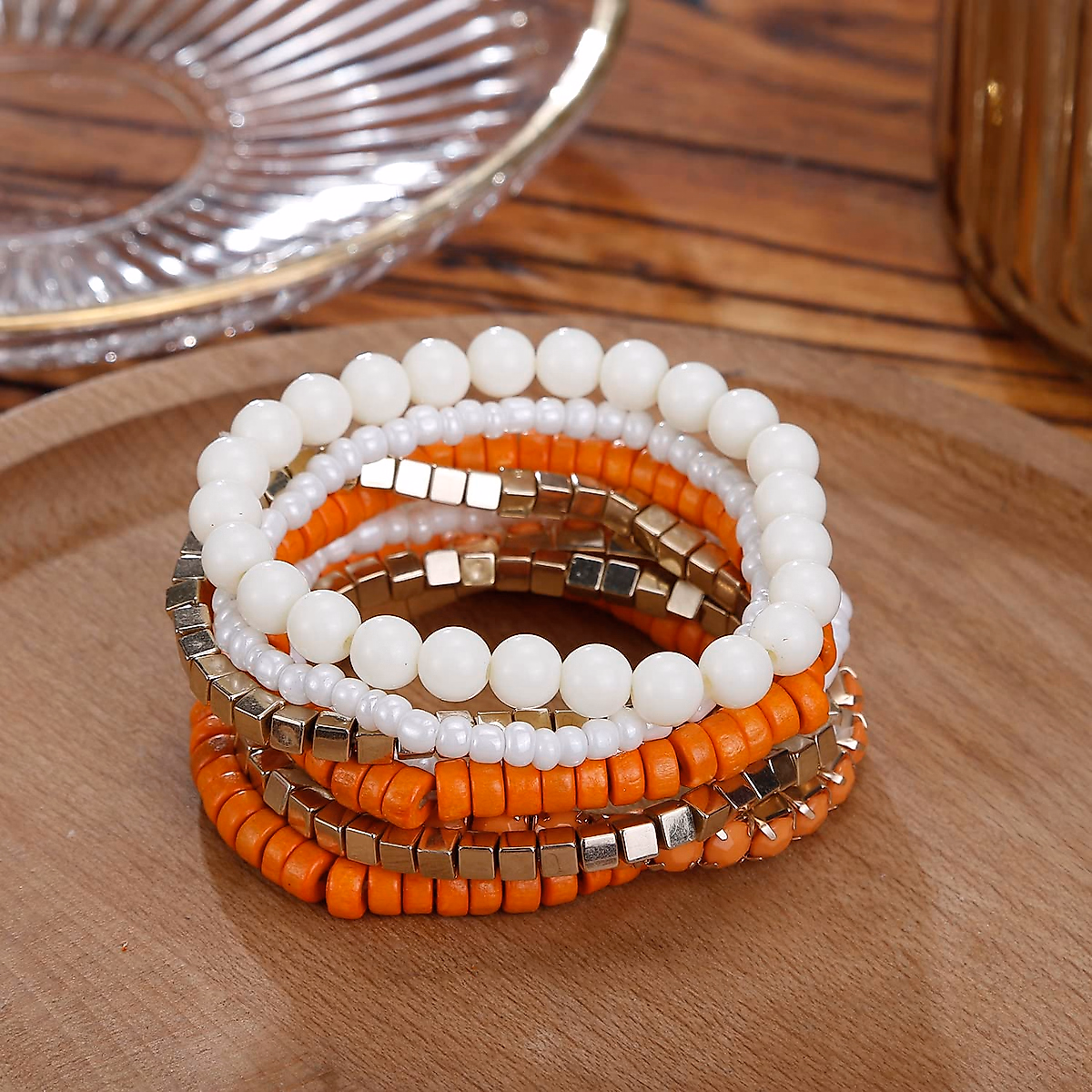 LUREME Bohemian Beads Cube Multi Strand Stretch Stackable Bangle Bracelet Set-Orange (bl003172-2)