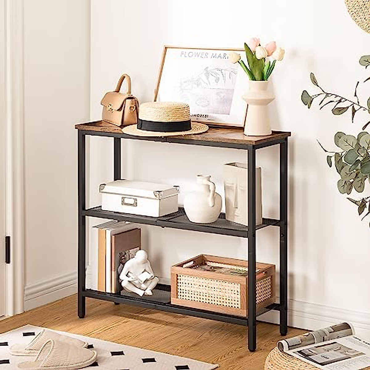 HOOBRO 29.5" Narrow Console Table, 3-Tier Entryway Table, Thin Sofa Table with Shelves, Side Table, Display Table, for Hallway, Entrance, Living Room, Bedroom, Rustic Brown and Black BF73XG01