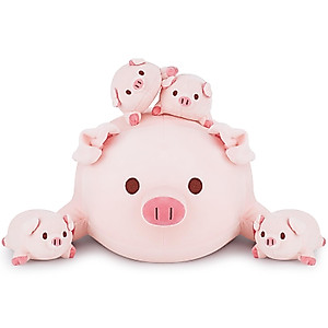 Achwishap 5PCS Pig Family,Pig Stuffed Animal Mommy with 4 Pig Babies Plush,Cute Pig Plush Pillow Cushion Doll,Kawaii Pig Plush Toy Hugging Pillow for Kids Adult(16” Pig Family)