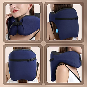 TripGood Neck Pillow for Travel - Extra Upper Back Support - Back Buckle Strap - Large(16.7" Neck Circumference) - Memory Foam - Blue