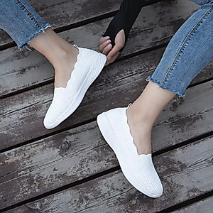 poemlady Women's Slip on Loafer Shoes - Mesh Casual Ballet Flat Nurse Walking Sneakers Knit Round Toe Casual Low Wedge Memory Foam Shoes, 1905 A/White 8