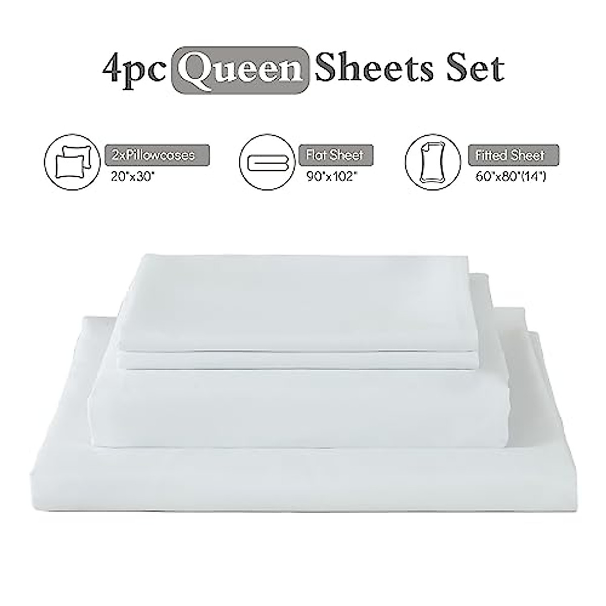 ILAVANDE White Queen Sheets Set 4 Piece,Hotel Luxury Super Soft 1800 Series Microfiber Queen Bed Sheets Set-Wrinkle Free & Breathable-14 Deep Pocket Sheets for Queen Size Bed(Queen,White)