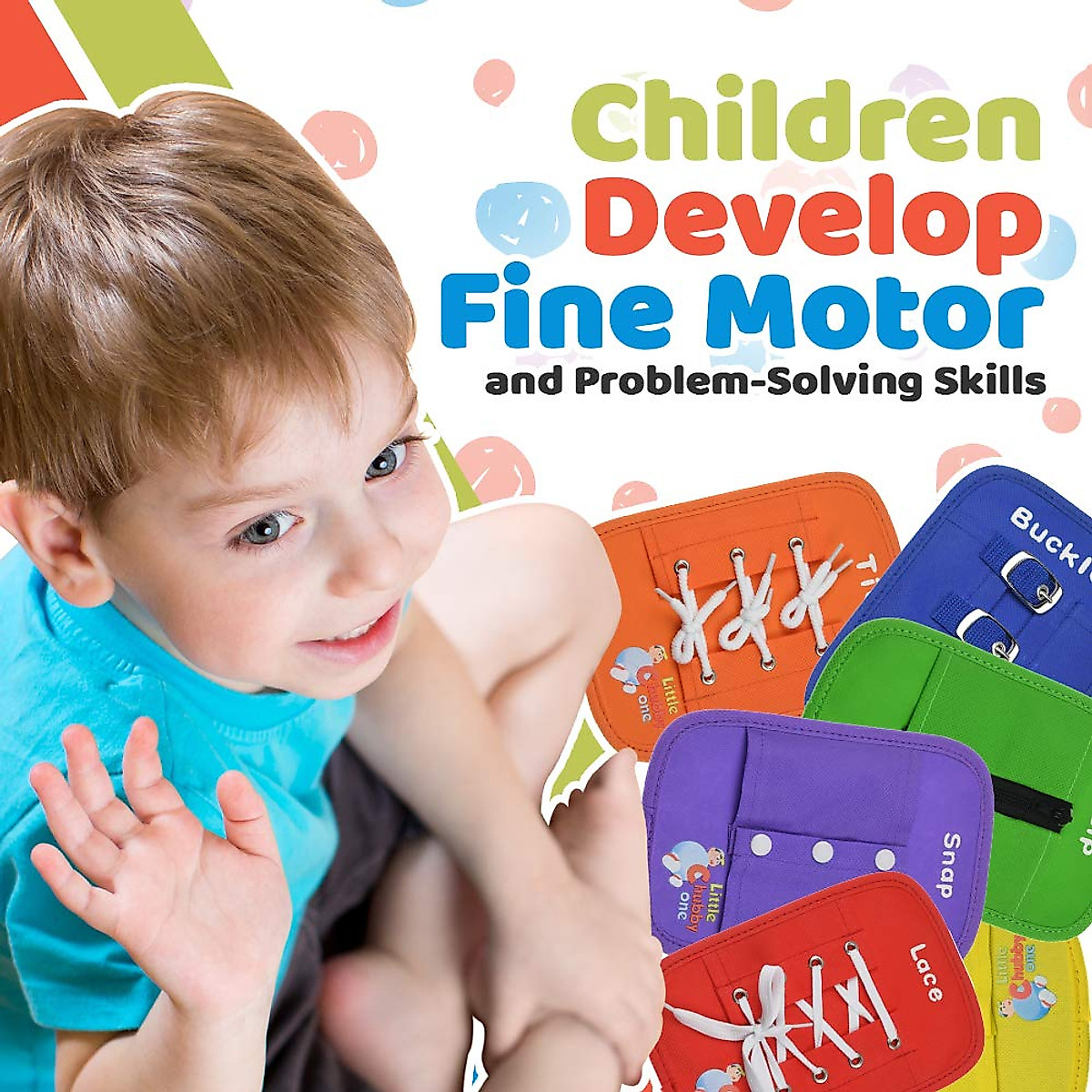 LITTLE CHUBBY ONE Busy Board Set - Learning Activity Toy - Educational Toy Helps Develop Motor Skills Dress Skills Color Recognition and Hand Eye Coordination Perfect for Traveling (4x5 Inches)