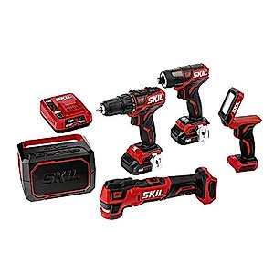 SKIL 5-Tool ComboKit: PWRCore 12 Brushless 12V Drill Driver, Impact Driver, Oscillating MultiTool, Area Light and Bluetooth Speaker, Includes Two 2.0Ah Lithium Batteries and PWRJump Charger - CB736801