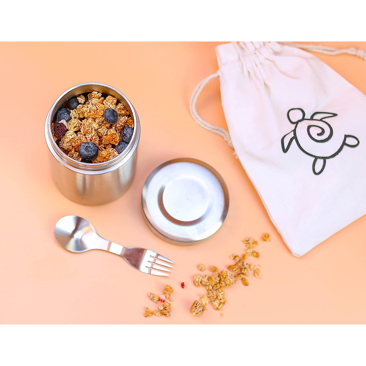 ecozoi Stainless Steel Insulated Lunch Box, Food Jar - Vacuum Insulated Thermos, 17 Oz + Spork + Lunch Bag