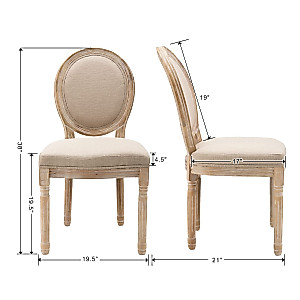 chairus Farmhouse Dining Chairs Set of 6, French Country Dining Room Chairs Vintage Fabric Upholstered Chair with Round Back Natural Wood Legs, Beige 6 PCS