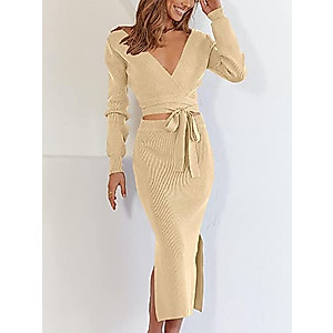 LOGENE Women's 2 Piece Outfit Ribbed Knit Long Sleeve Vneck Sweater Tops and Bodycon Split Midi Skirt Sweater 6L85-tuxing-S Apricot