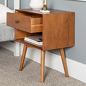 Walker Edison Mid Century Modern Wood Nightstand Side Table Bedroom Storage Drawer and Shelf Bedside End Table, 1 Drawer, Caramel