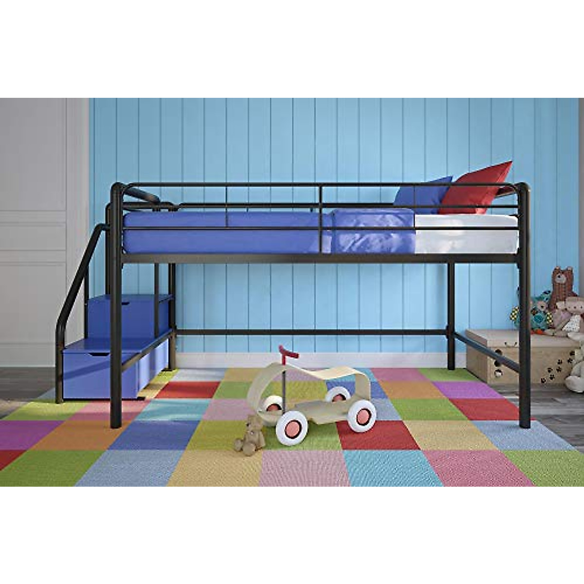 DHP Junior Twin Metal Loft Bed with Storage Steps, Space-Saving Solution, Multifunctional, Black with Blue Steps & Fire Department Design Curtain Set for Junior Loft Bed, Kids Furniture, Blue