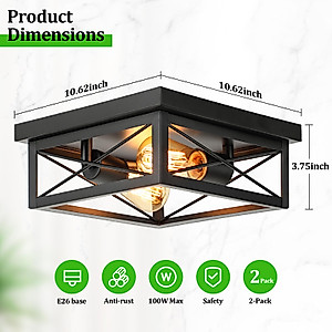 Kondras 2-Light Industrial Square Flush Mount Ceiling Light, Farmhouse Ceiling Light Fixture for Kitchen, Modern Black Close to Ceiling Light for Hallway Bedroom Balcony Porch Stairway, E26, 2-Pack