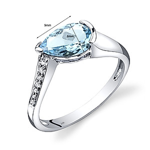 PEORA Aquamarine and Diamond Teardrop Ring for Women 14K White Gold, Natural Gemstone Birthstone, 1.29 Carats total, Pear Shape 9x6mm, Size 7