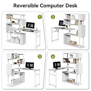 LITTLE TREE White Rotating Desk with Bookshelf, L-Shaped Computer Desk with Shelves, Reversible Writing Desk and Bookcase Combo with Storage for Home Office