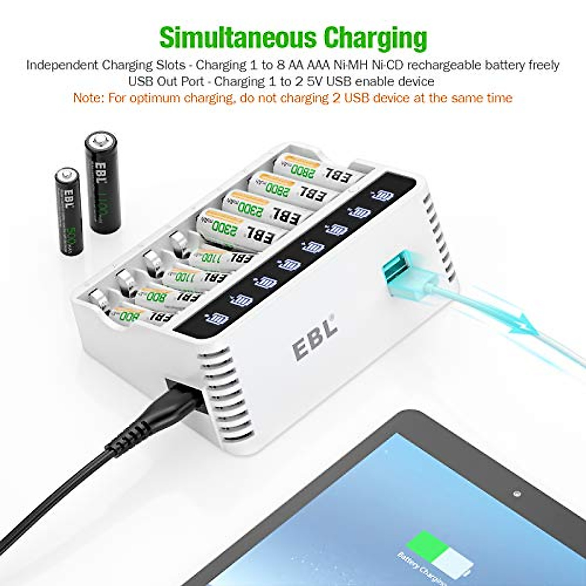 EBL 8 Bay AA AAA Battery Charger with Discharge Function for AA AAA Ni-MH Ni-CD Rechargeable Batteries - with LCD Display and 2 USB Output Port