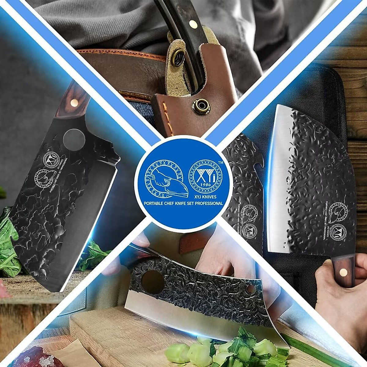 XYJ Authentic Since 1986,8 Pieces Camping Chef Knives Set With Roll Bag,Sheath,Vegetable Meat Knives,Serbian Boning Kitchen Butcher Knife,Outdoor Cooking Cutting,Full Tang