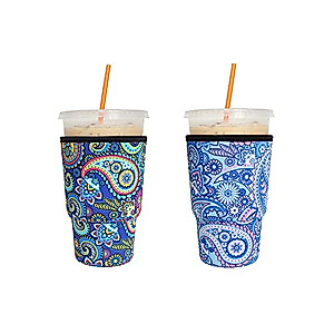 2 Pack Reusable Iced Coffee Sleeves - FRRIOTN Insulator Sleeve for Large Size Cold Beverages, Neoprene Cup Holder for Starbucks Coffee, Dunkin Coffee, More(Retro, Large 32oz)