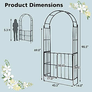 Tangkula 7.5Ft Garden Arbor with Gate, Metal Garden Arch with Trellis for Climbing Plants, Roses, Vines, Outdoor Garden Archway for Wedding Bridal Party Decoration Ceremony (Black)