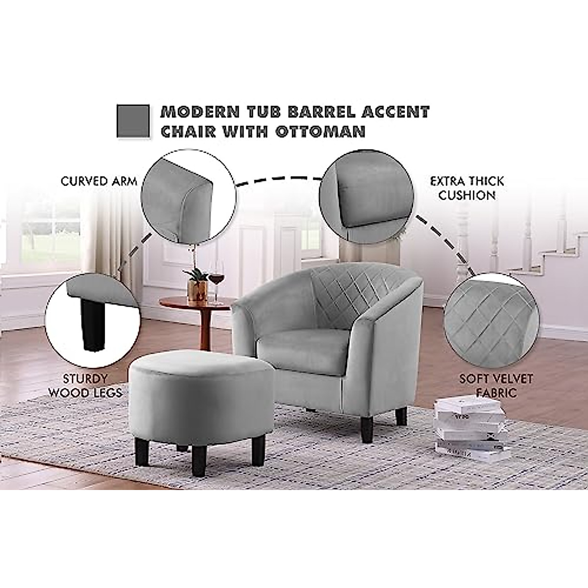 Urban Home Furniture Wesley Tub, Barrel, Accent Chair, Ottoman, Footrest, Grey