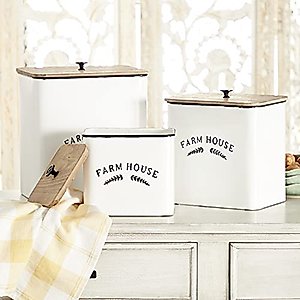 Deco 79 Metal Text Farm House Canisters with Wood Lids, Set of 3 11", 9", 7"H, White