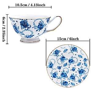 PMNING Tea cup and Saucer Set Royal Garden Style Tea Coffee Cup with Saucer 7 Ounces Bone China Teacup and saucer Set (Blue flower)