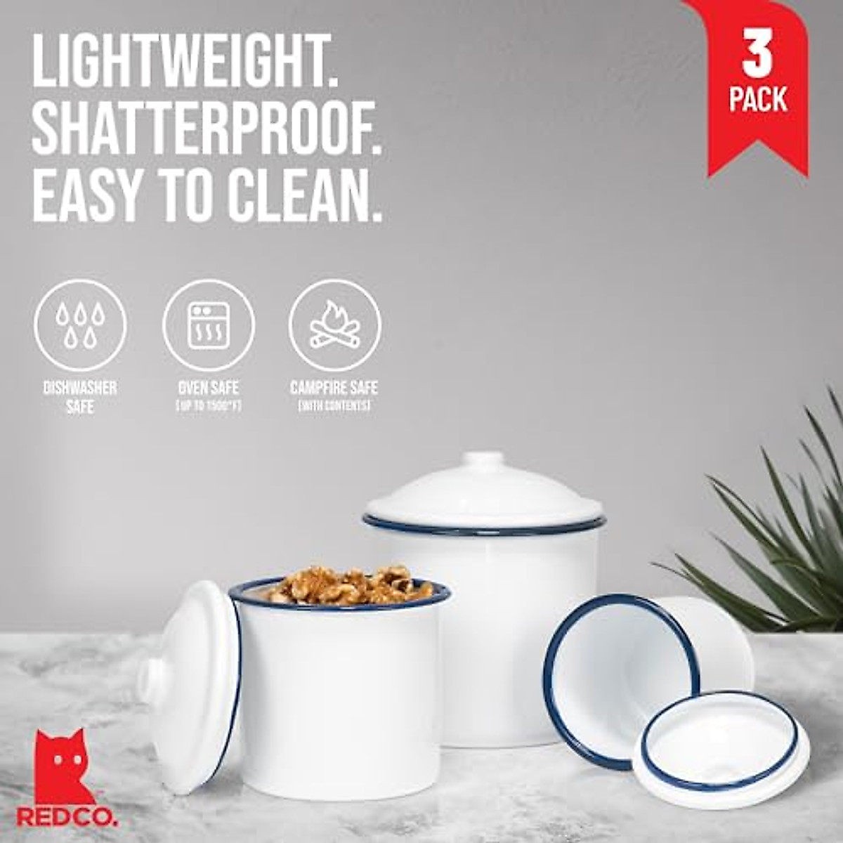 Red Co. White Enamelware Mug Pots with Blue Rim & Lid - Set of 3 Nesting Cups, Perfect for Picnic, Camping, Outdoor Activity