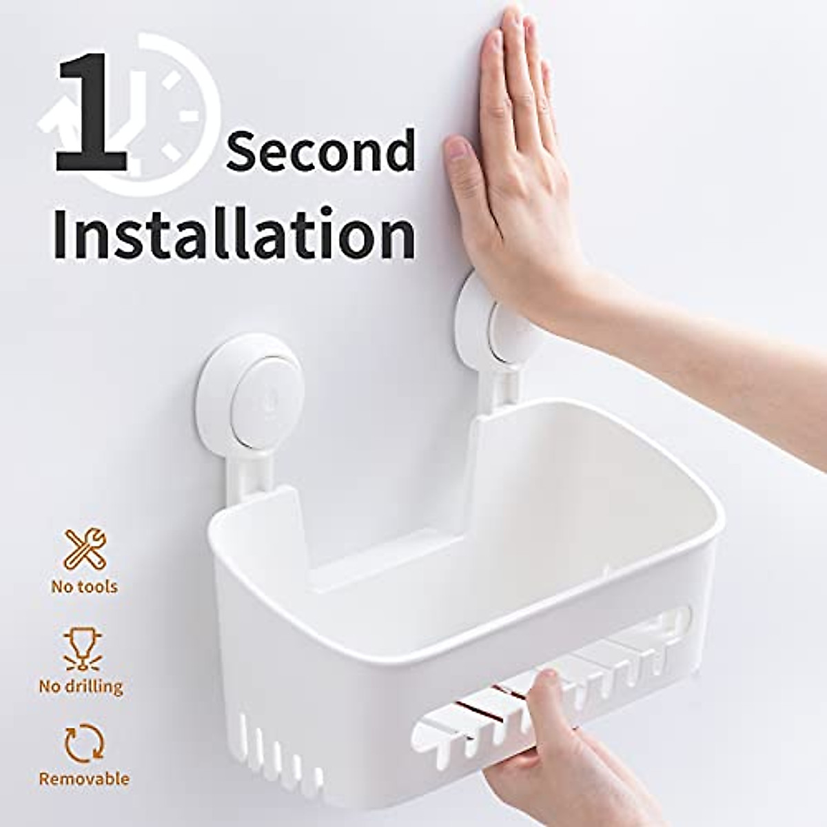 LEVERLOC Shower Caddy Suction Cup Set of 2, NO-Drilling Extended Chromed & Plastic Bathroom Caddy Shower Shelf Suction Basket Powerful Heavy Duty Waterproof Shower Organizer for Bathroom & Kitchen