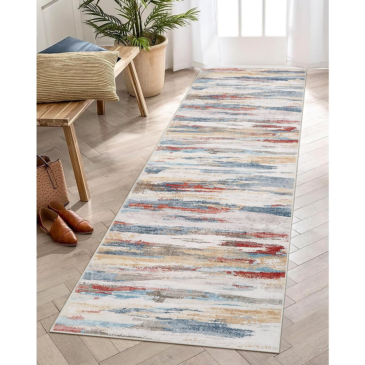 Collive Washable Runner Rug 2x6 - Colorful Striped Bathroom Runner Rugs Non Slip Runners for Hallway Modern Abstract Bedroom Runner Rug Floor Carpet for Kitchen Laundry Entryway