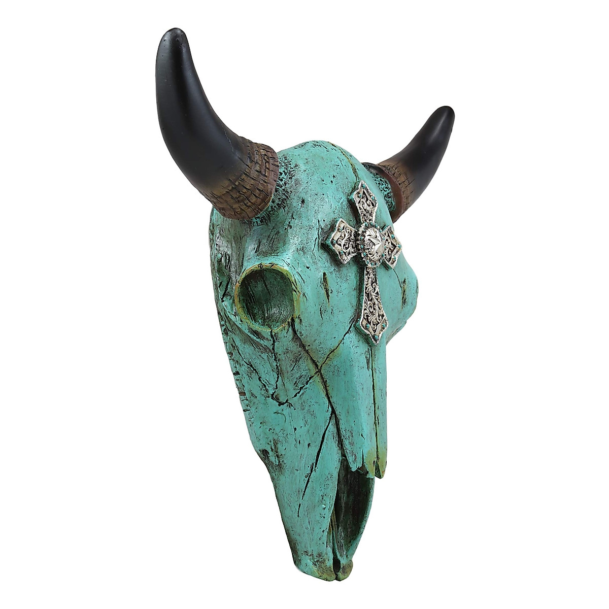 Ebros 10.5" Wide Western Southwest Steer Bison Buffalo Bull Cow Horned Skull Head Turquoise Silver Cross With Floral Lace Design Wall Mount Decor Native Indian Sacred Animal Totem Bust Skulls