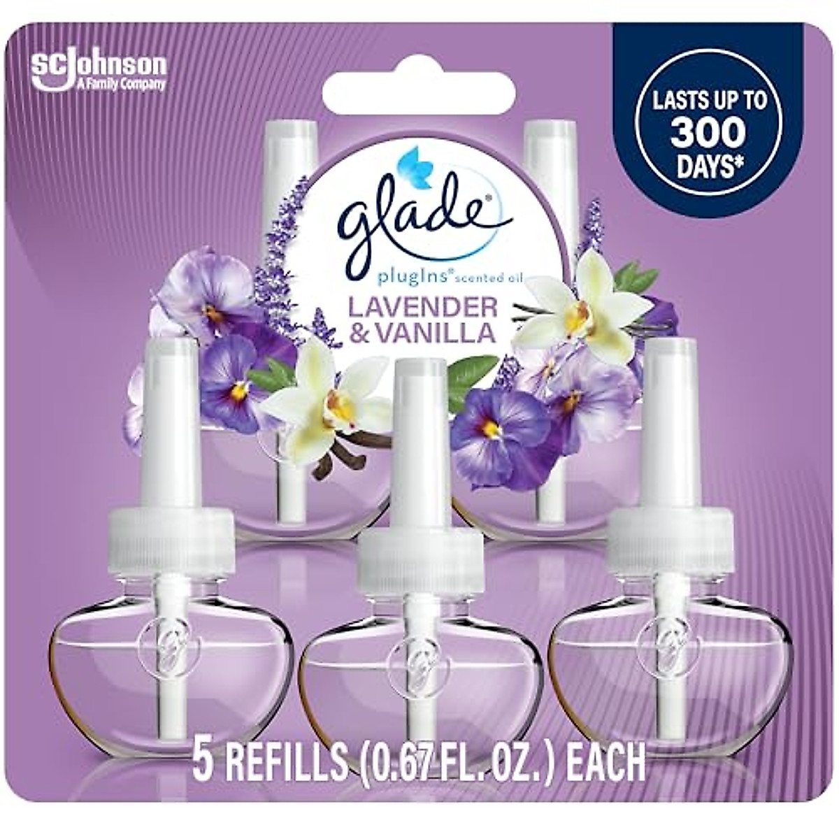 Glade PlugIns Refills Air Freshener, Scented and Essential Oils for Home and Bathroom, Lavender & Vanilla, 3.35 Fl Oz, 5 Count
